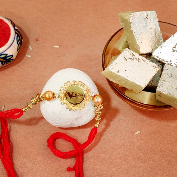 Heart Touching Gold Rakhi With Sweet- MyFlowerTree